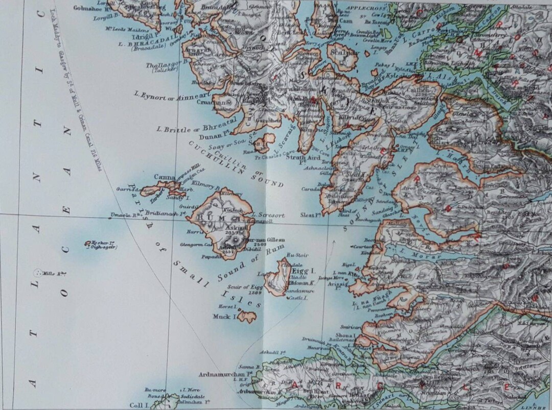 1896 Antique West of Scotland Map, Isle of Skye, Kyle of Lochalsh ...