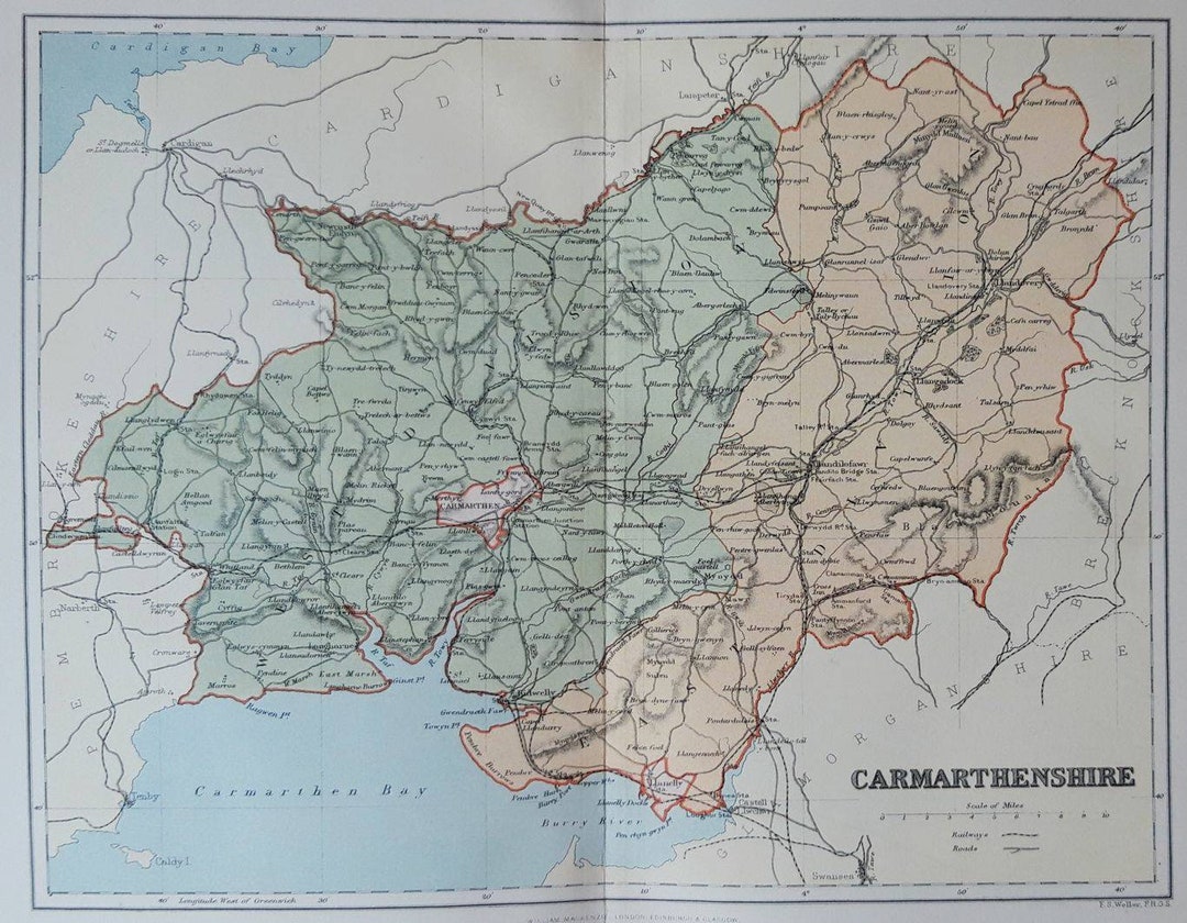 1895 Antique Carmarthenshire Map. Welsh County Map. Original Victorian ...
