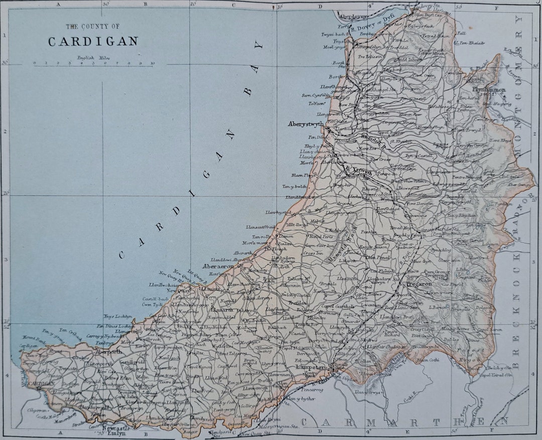 1885 Antique Cardiganshire Map. Welsh County, Wales. Cartography ...