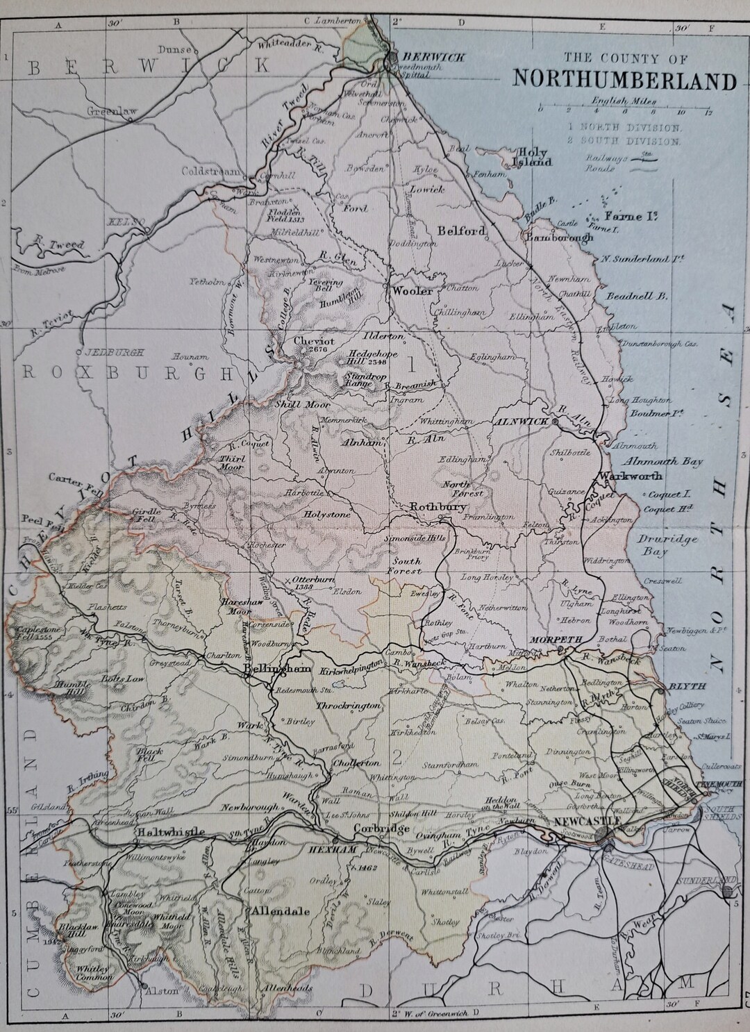 1873 Northumberland County Antique Map. Original English County Map ...