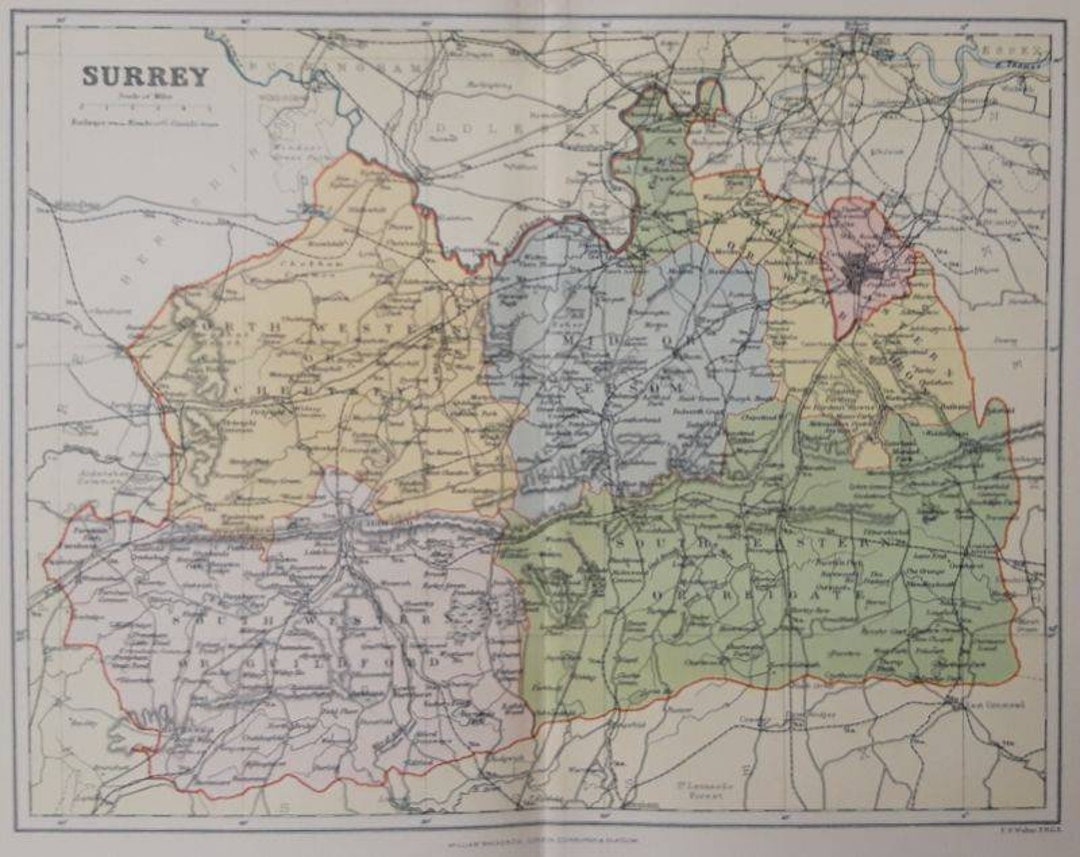 1895 Surrey Antique County Map. England County Map. Cartography ...