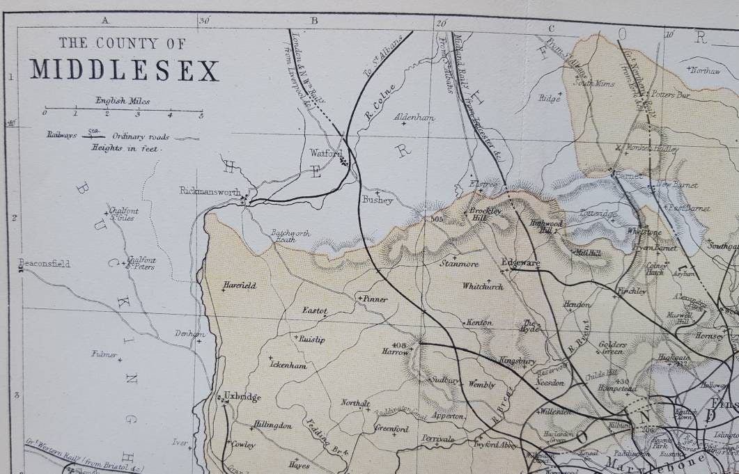 1874 MIDDLESEX Map. Original Antique English County Map. Victorian ...