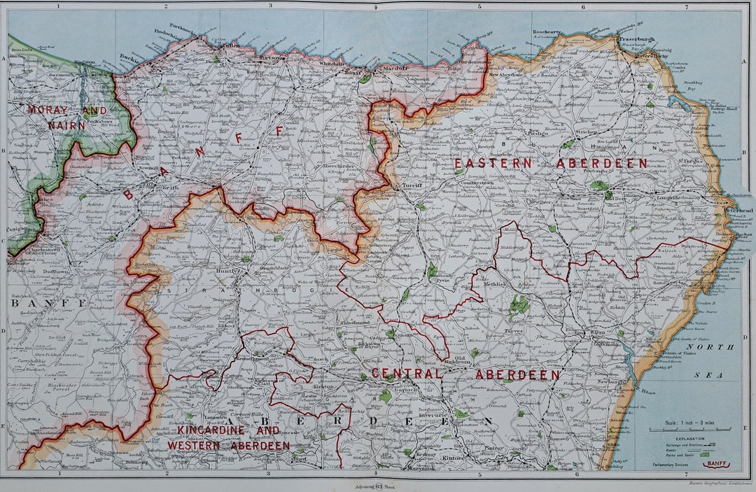 1922 North East Scotland Counties Map. Aberdeenshire, Fraserburgh ...