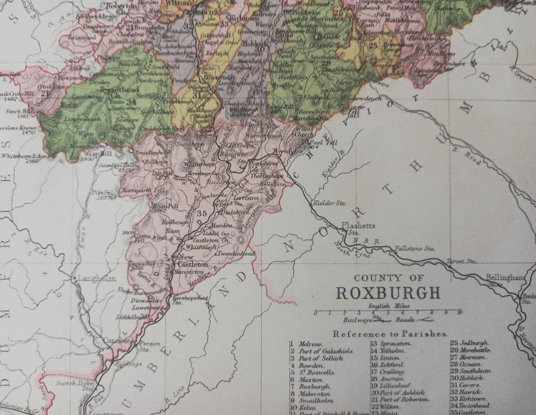 1902 Roxburgh County, Scotland. Original Antique Map. 121 Years Old ...