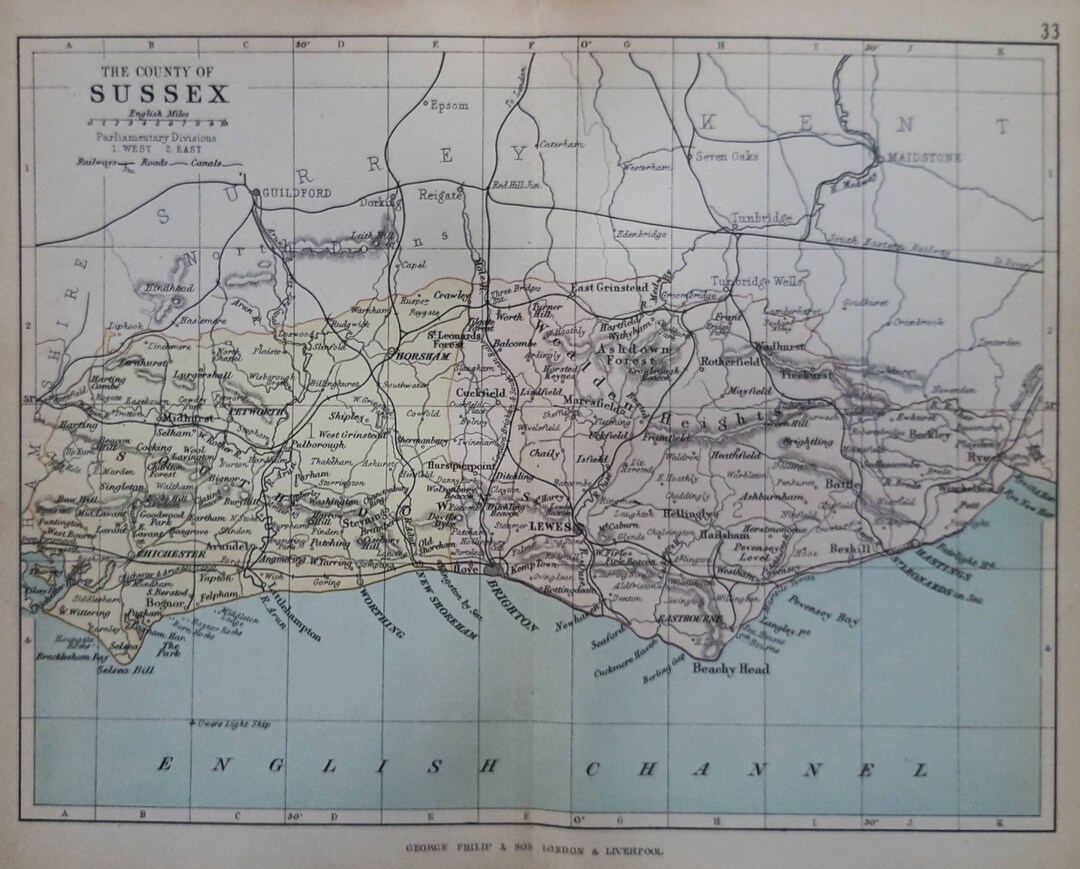 1882 SUSSEX Map. Chichester, Eastbourne, Lewes. Antique Map England ...