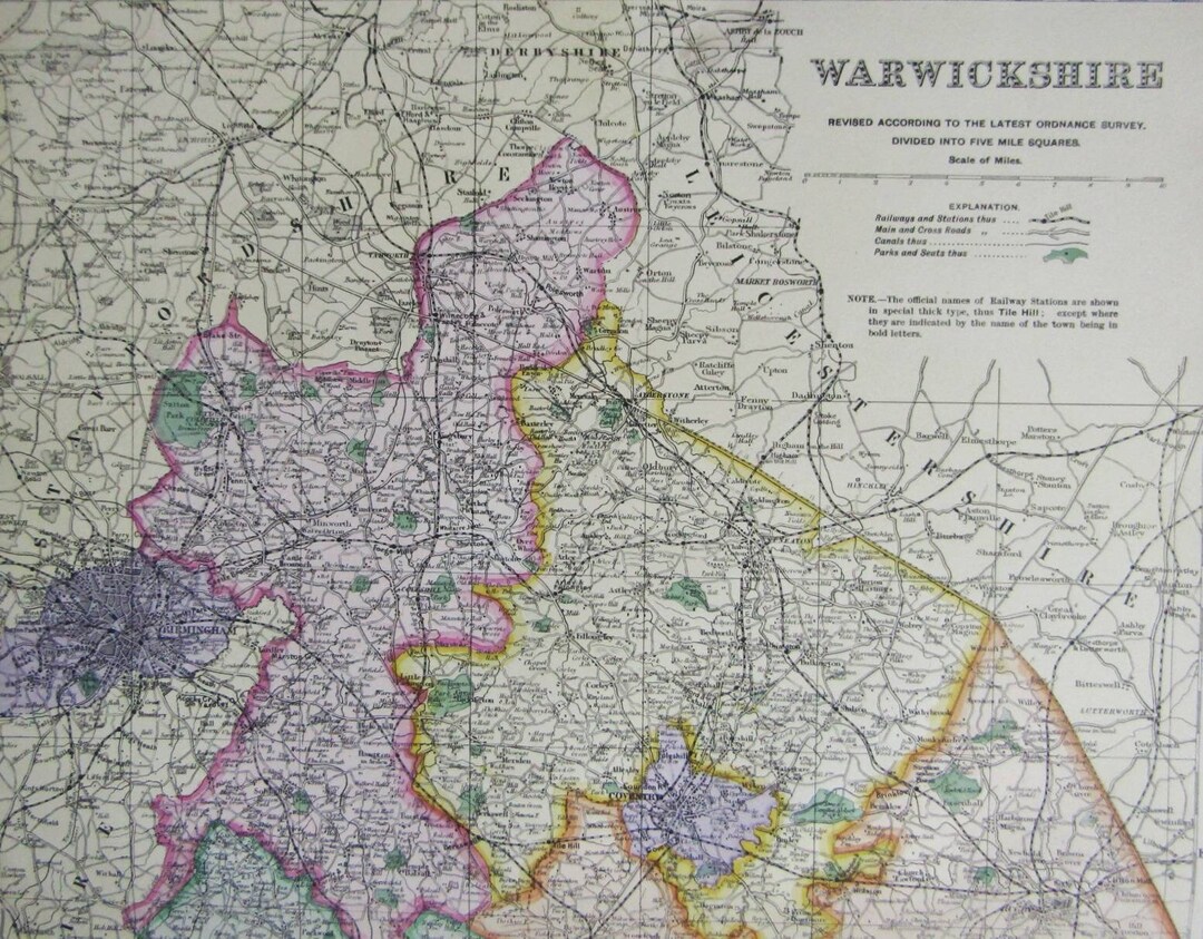 1912 Antique Map of Warwickshire. Large Size Original Map. 113 Yrs Old ...