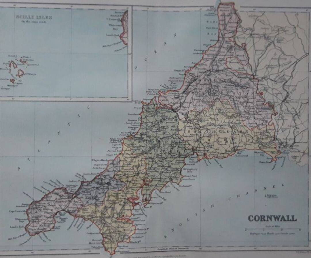 1895 Antique Cornwall Map, English County Map Victorian Print 129 Years ...