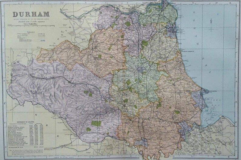 1897 Map of County Durham. Large Size Antique Original Map. 127 Years ...