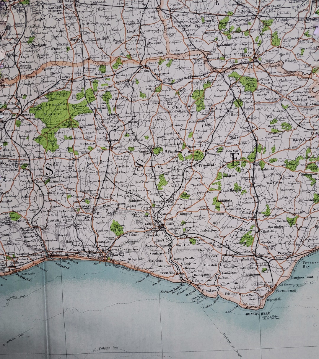 1898 Sussex Coast & Brighton Large Map. South East England. 125 Yrs Old ...