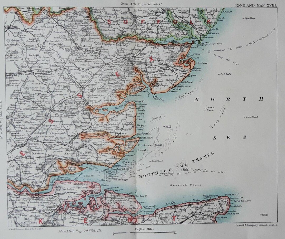 1894 Essex, Mouth of the Thames, North Kent Coast & North Sea Antique ...