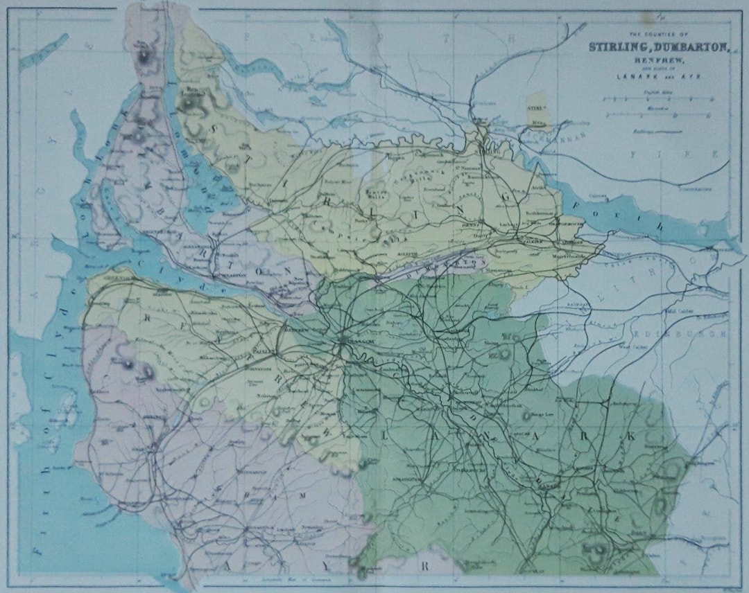 1868 Stirling, Dumbarton, Renfrew Map | Antique Scottish Map ...