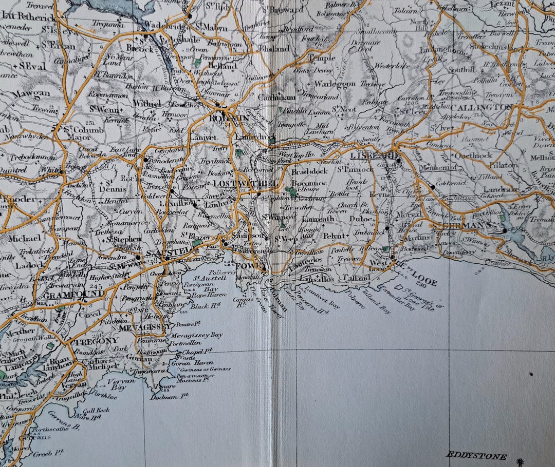 1906 Antique South Cornwall Road Map. Original Edwardian Map Print ...