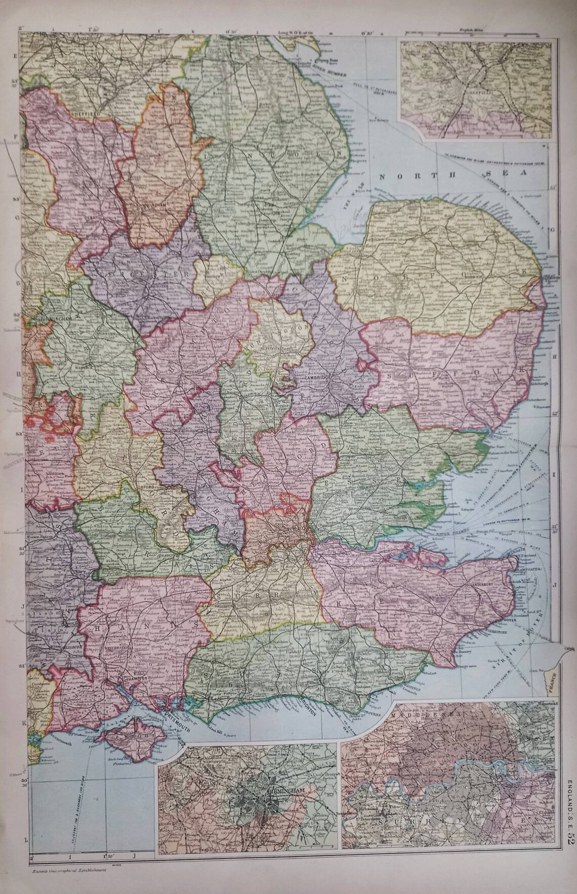 1904 East of England Antique County Map. 117 Years Old. Large | Etsy