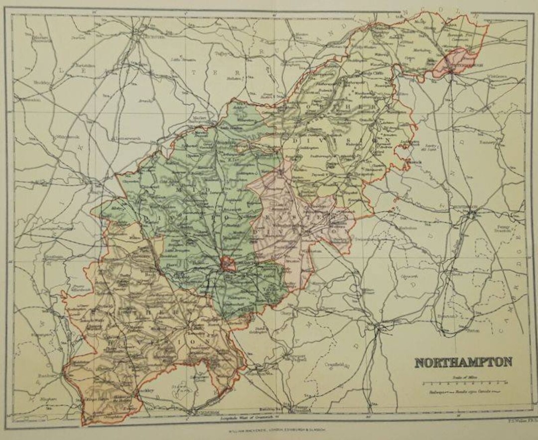 1895 Antique Northampton (shire) Map, English County Map. Cartography ...