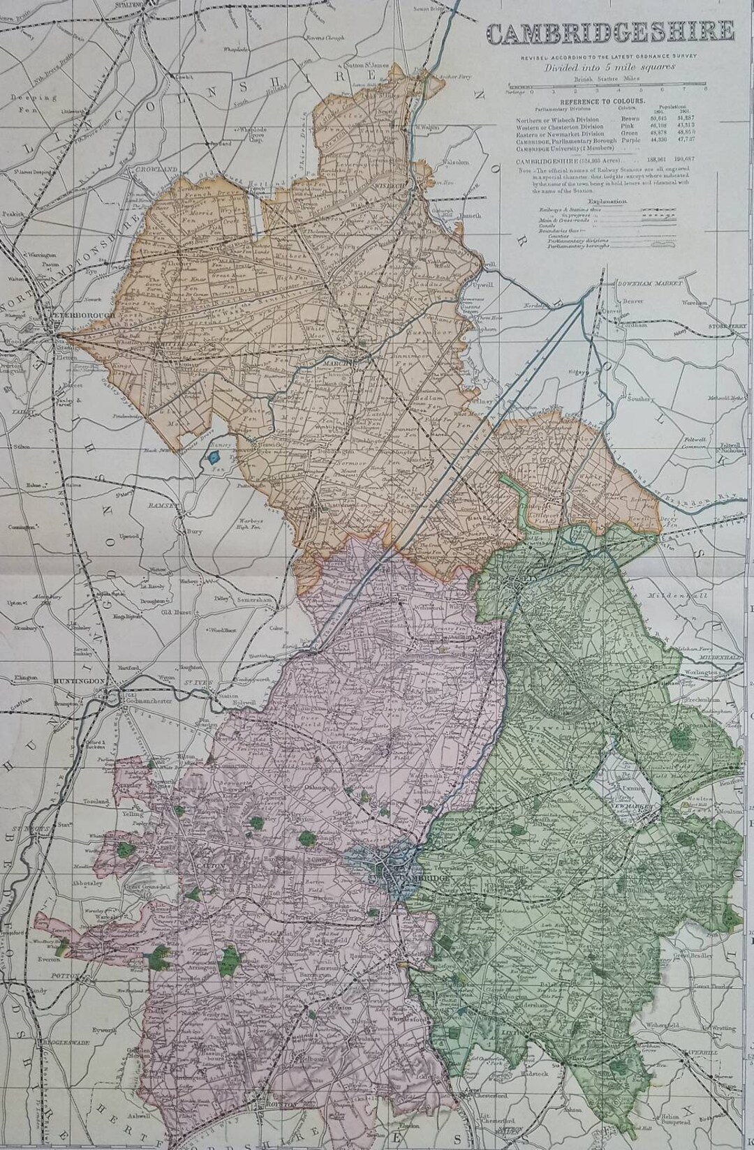 1904 Cambridgeshire Antique County Map. 119 Years Old. Large Size ...