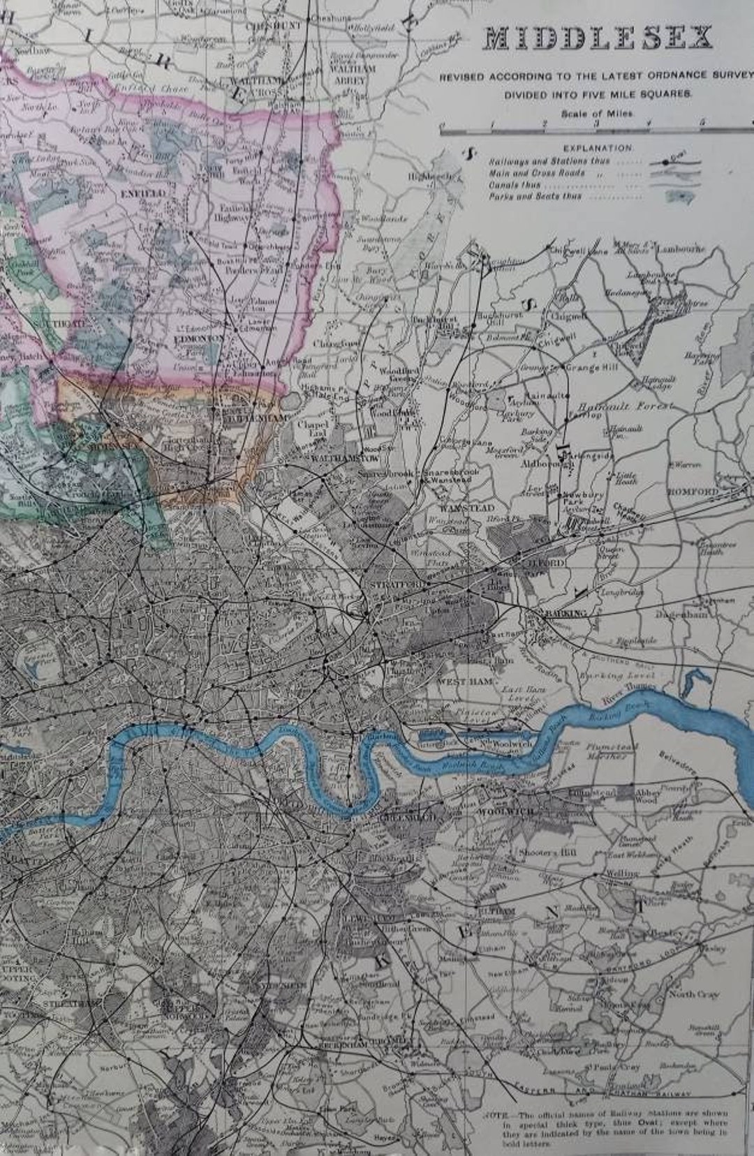 1908 Antique Map of Middlesex, Large Size Original Map, Cartography ...