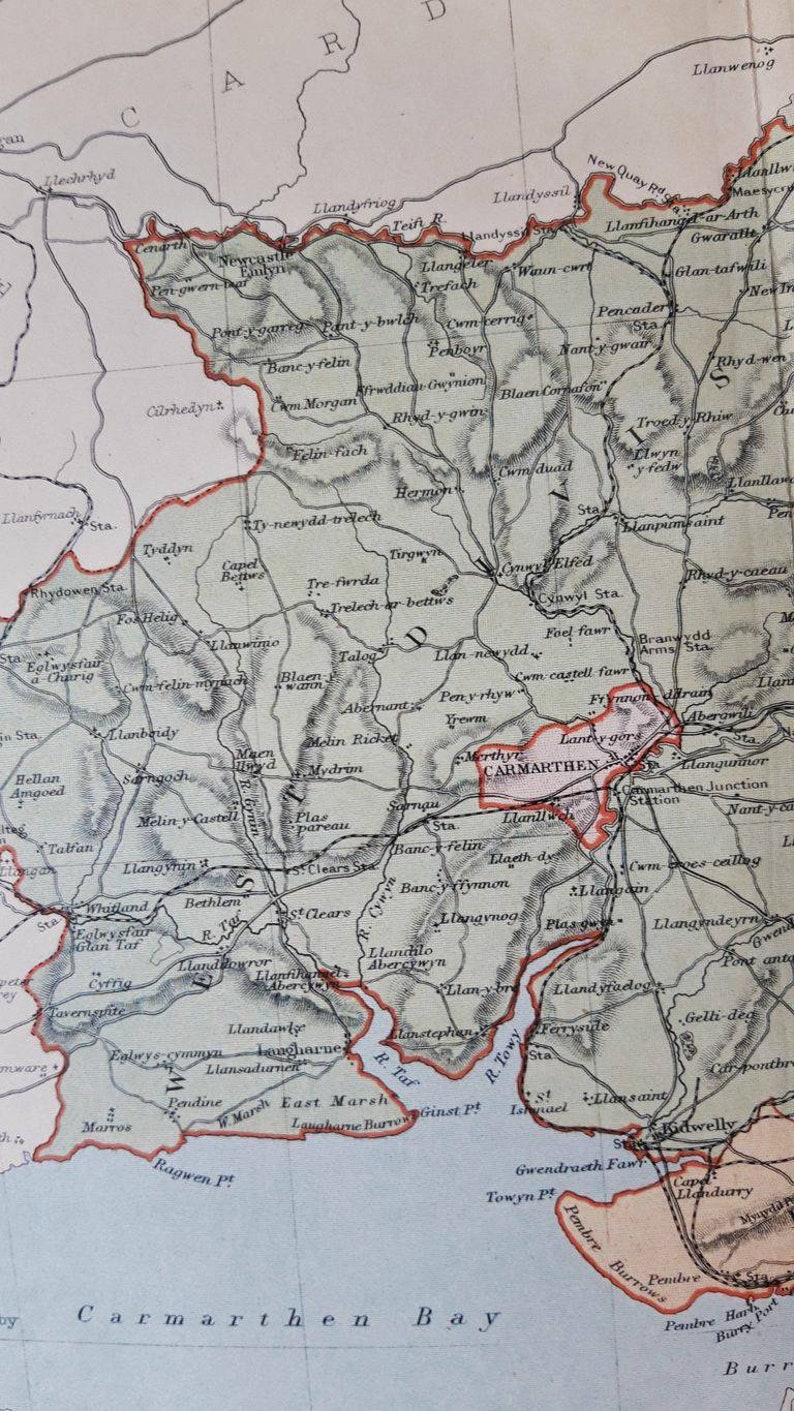 1895 Antique Carmarthenshire Map. Welsh County Map. Original Victorian ...