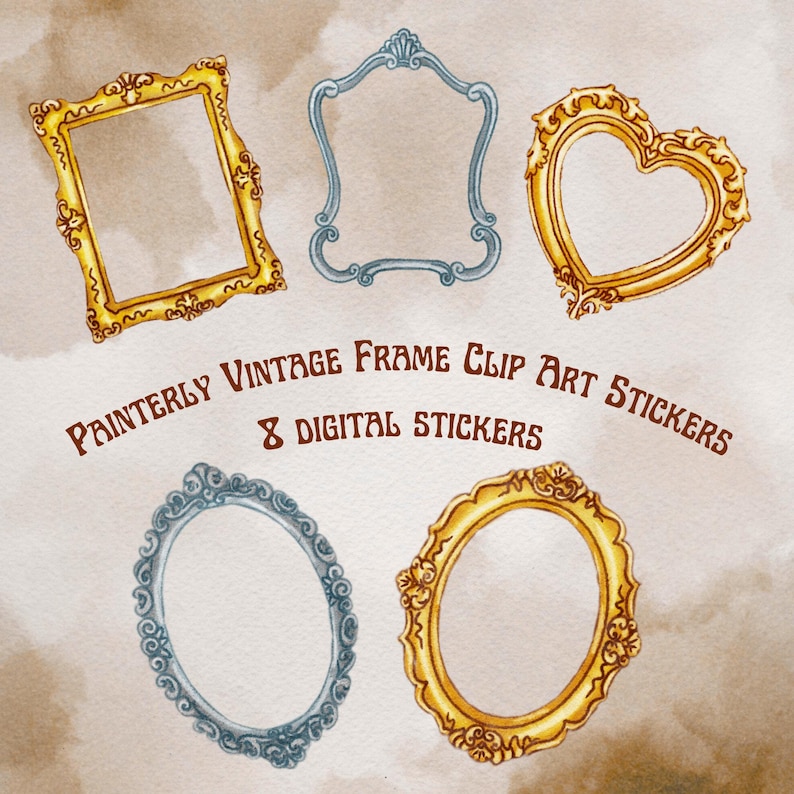 Gold & Silver Watercolor Frame Clipart – 8 PNG Vintage Borders – Hand ...