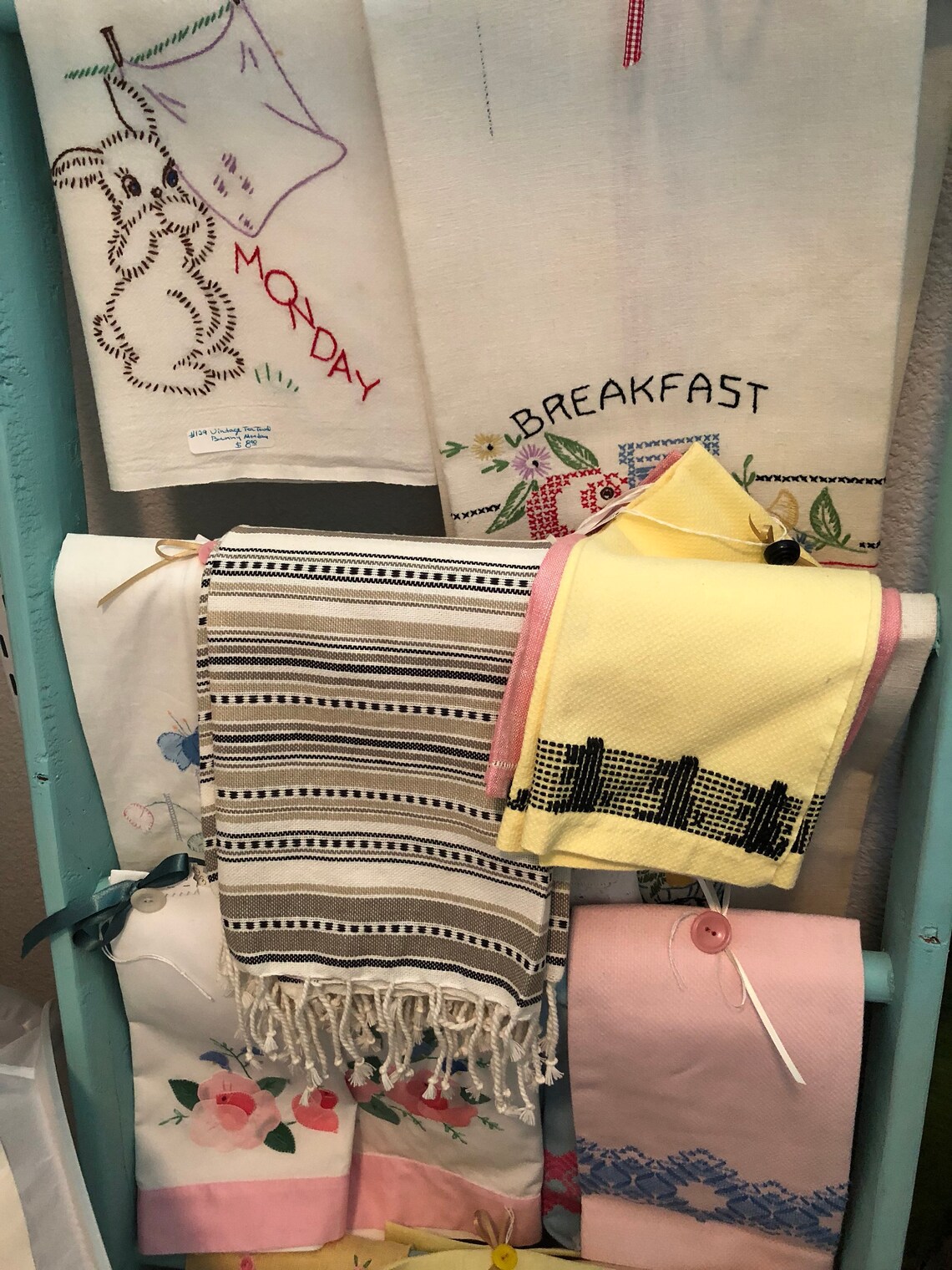 2 Vintage DISH TOWELS EMBROIDERY Farmhouse Tea Towel Country Cottage ...