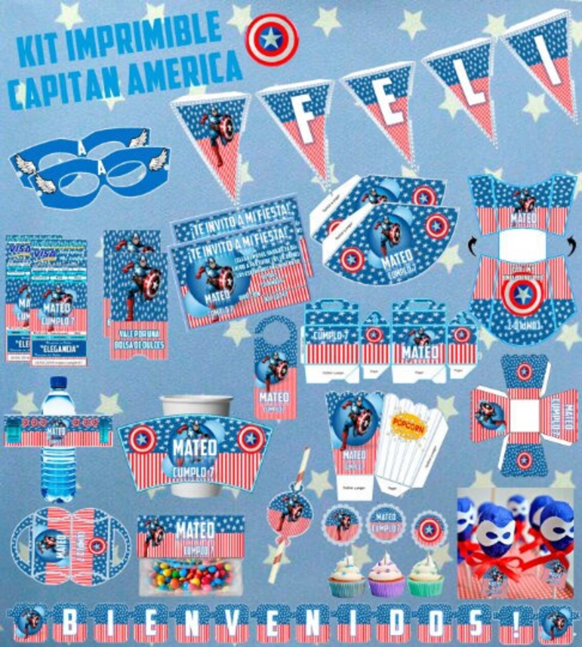 Kit Printable Editable Captain America Hat Toppers Wrappers Invitations ...