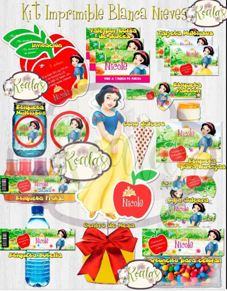 Editable Snow White Printable Kit invitations, Centerpiece, Labels ...