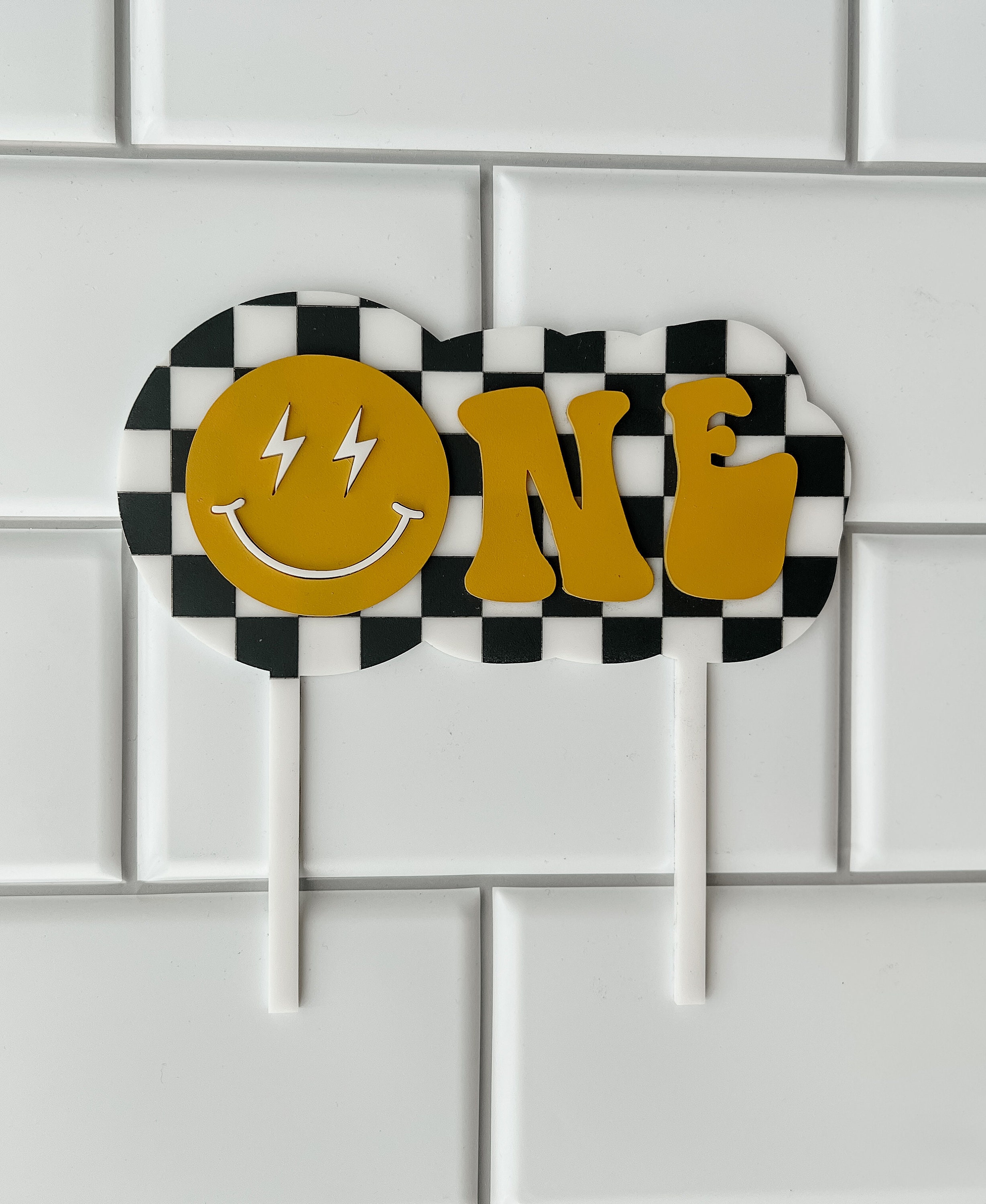 Checkered One Smiley Face Cake Topper Smiley O ONE Happy Dude Checkered ...