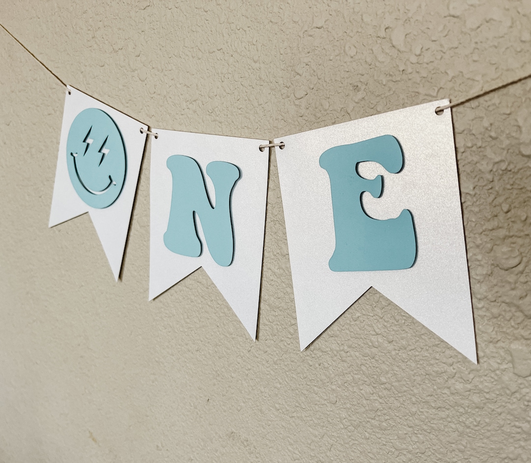 One Happy Dude High Chair Banner Smiley Face One Blue White Banner ...