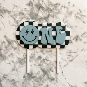 Checkered One Smiley Face Cake Topper Smiley O ONE Happy Dude Checkered ...