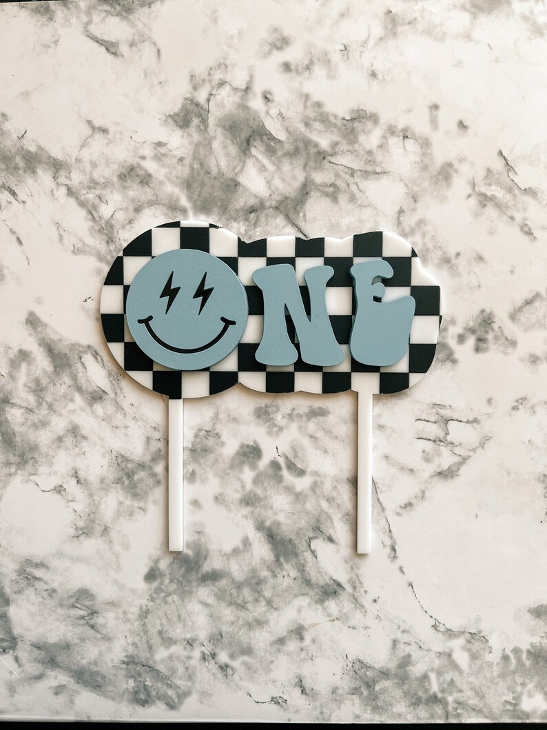 Checkered One Smiley Face Cake Topper Smiley O ONE Happy Dude Checkered ...