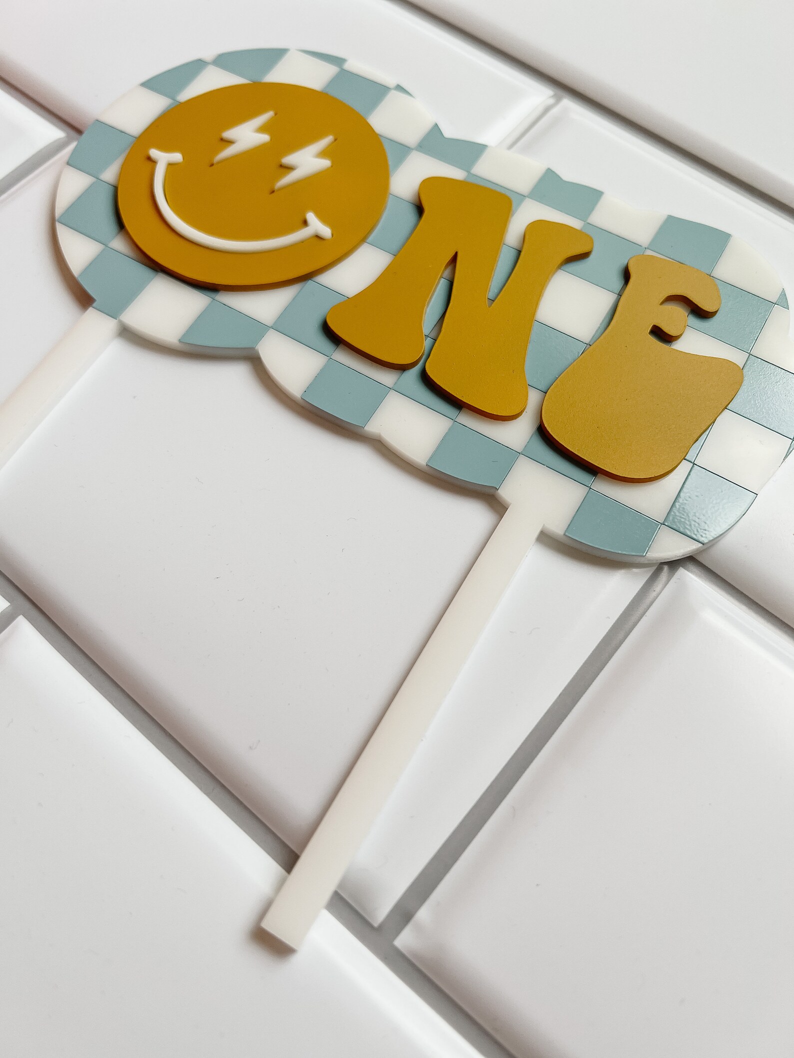 Blue and White Checker Cake Topper With Yellow Letters One Happy Dude ...