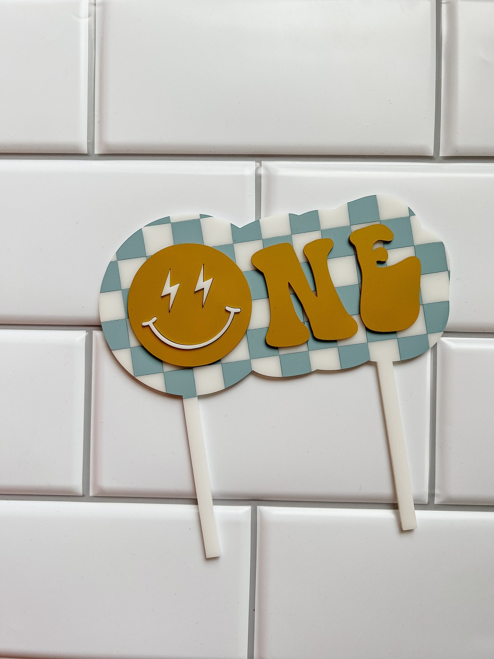 Blue and White Checker Cake Topper With Yellow Letters One Happy Dude ...