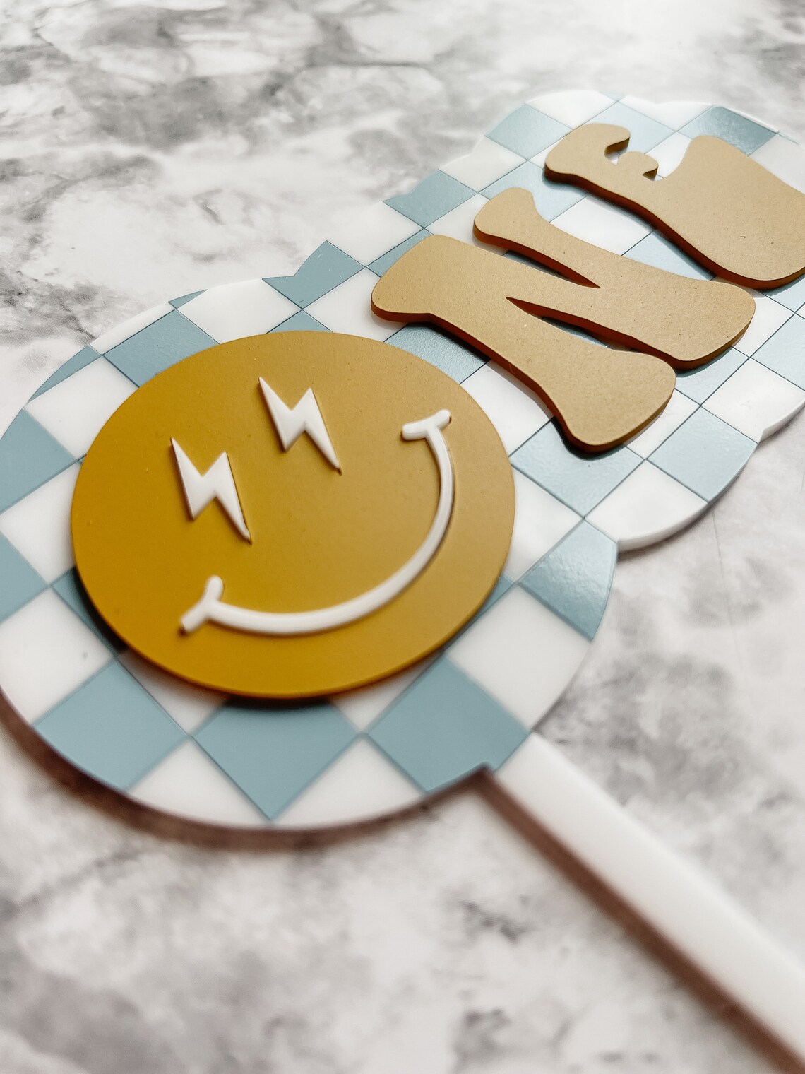 Blue and White Checker Cake Topper With Yellow Letters One Happy Dude ...
