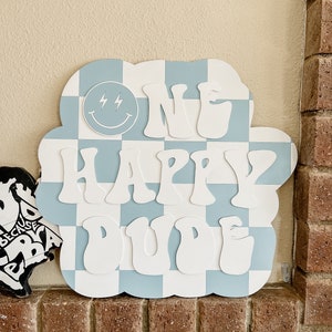1st Birthday Decor Dusty Blue Checker One Happy Dude Backdrop Decor ...