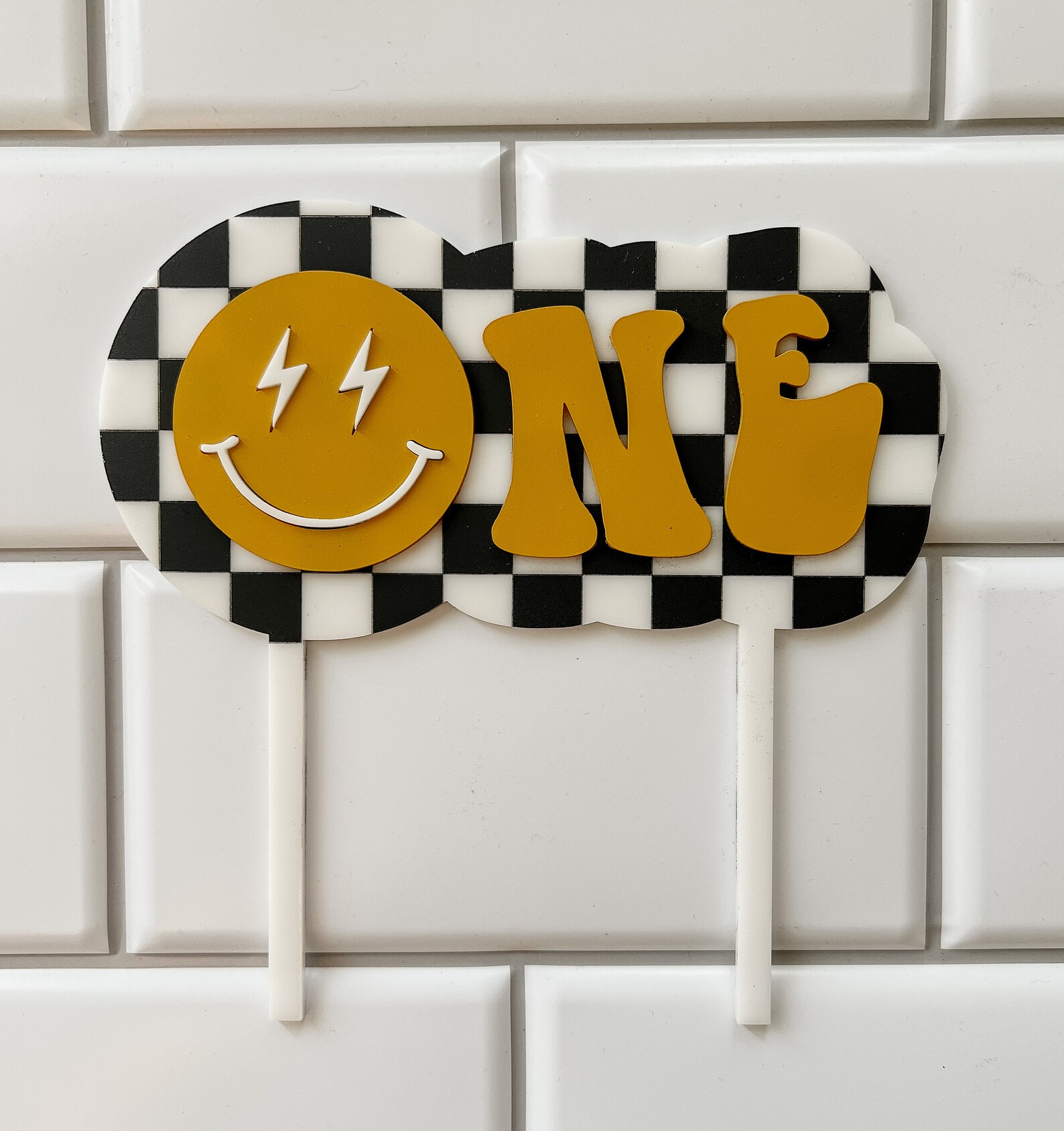 Blue and White Checker Cake Topper With Yellow Letters One Happy Dude ...