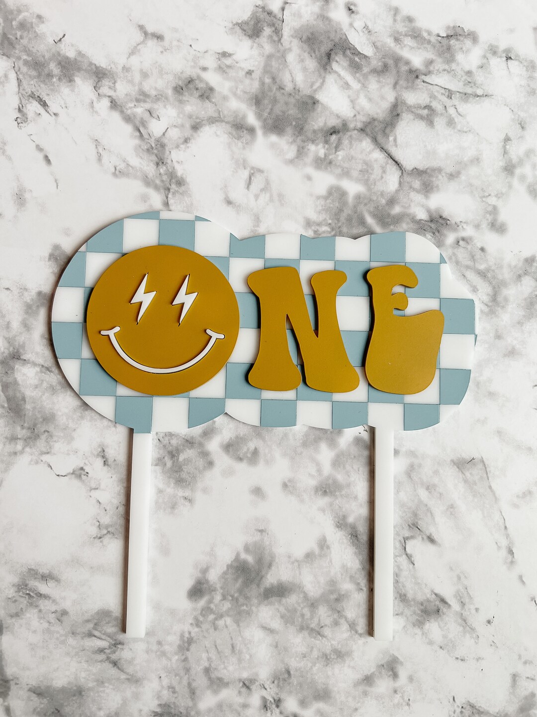 Blue and White Checker Cake Topper With Yellow Letters One Happy Dude ...