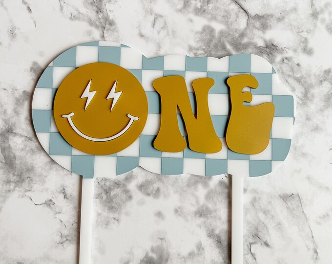 Blue and White Checker Cake Topper With Yellow Letters One Happy Dude ...