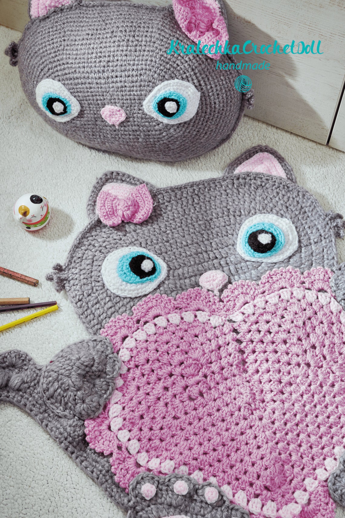 Cat Crochet Rug With Cat Cushion Nursery Rug Baby Play Mat - Etsy