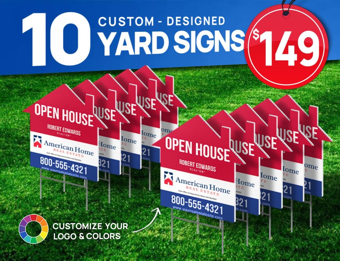 Real Estate House Yard Signs - FREE Metal Stakes Included - 10 Custom ...