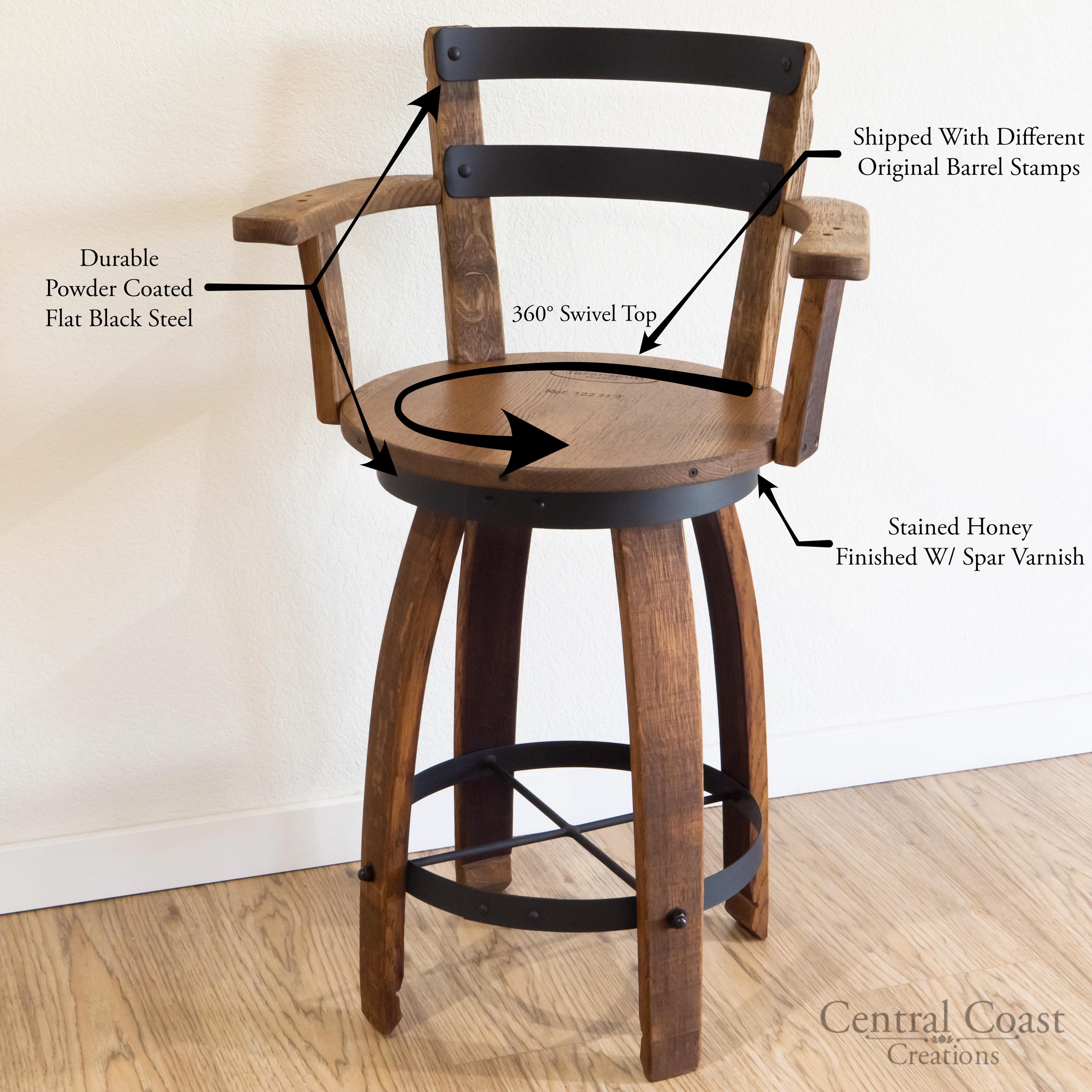 Swivel Top Whiskey Wine Barrel Stave Bar Stool W/ Armrest 24" 26" 30 ...