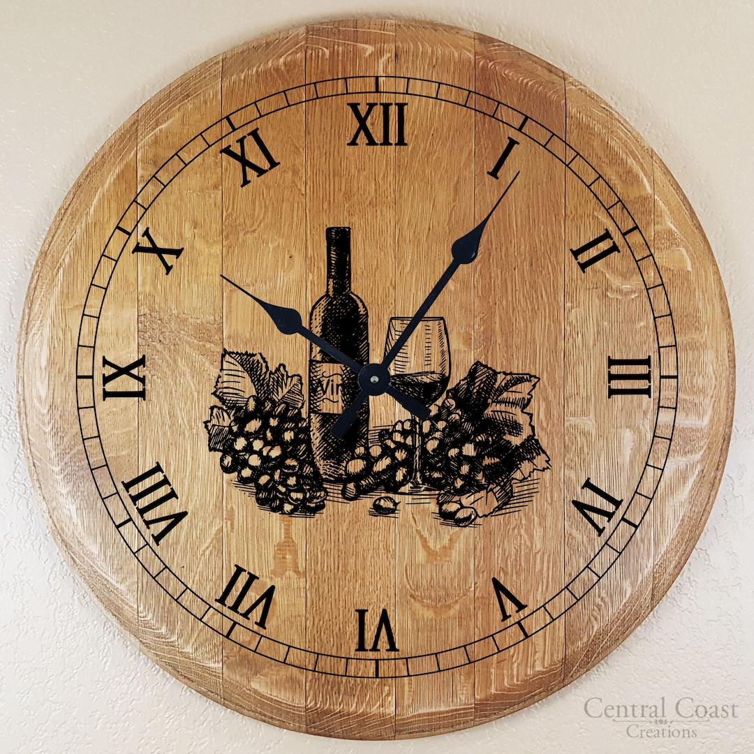 Wine Glass Wine Barrel Clock Laser Engraved Custom Rustic Furniture - Etsy