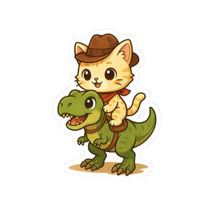 Chibi Cowboy Cat Riding T-rex Sticker: Kawaii Dinosaur Decal - Etsy