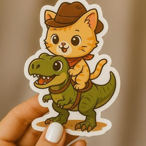 Chibi Cowboy Cat Riding T-rex Sticker: Kawaii Dinosaur Decal - Etsy
