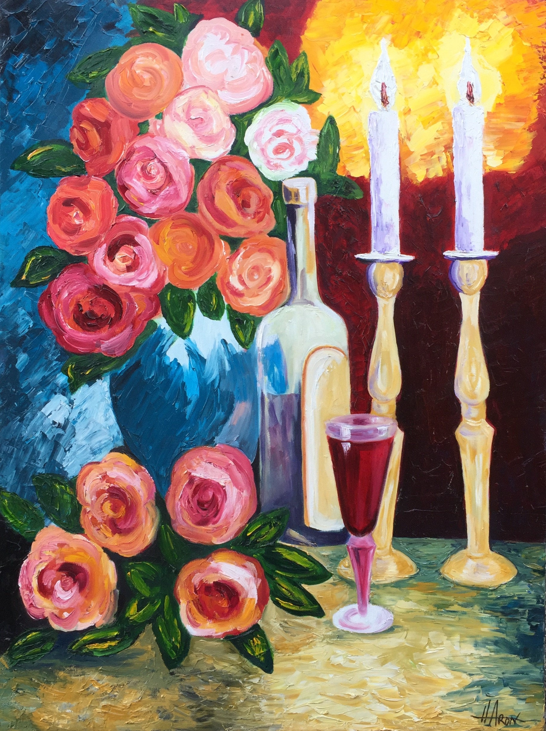 Shabbat Shabbos Table Candles Kiddush Wine Goblet Hebrew Jewish Art ...