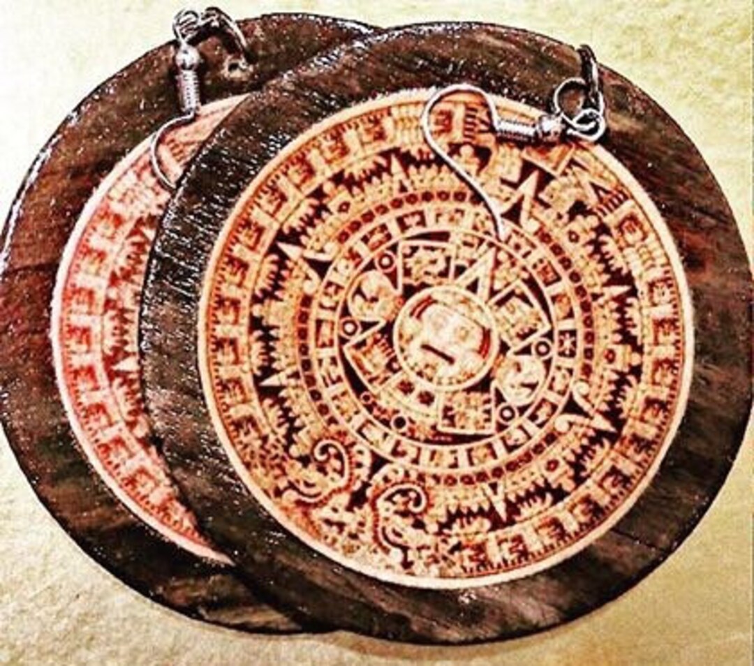Aztec Earrings / Mexica Earrings Brown Large Calendar Wooden Earrings ...