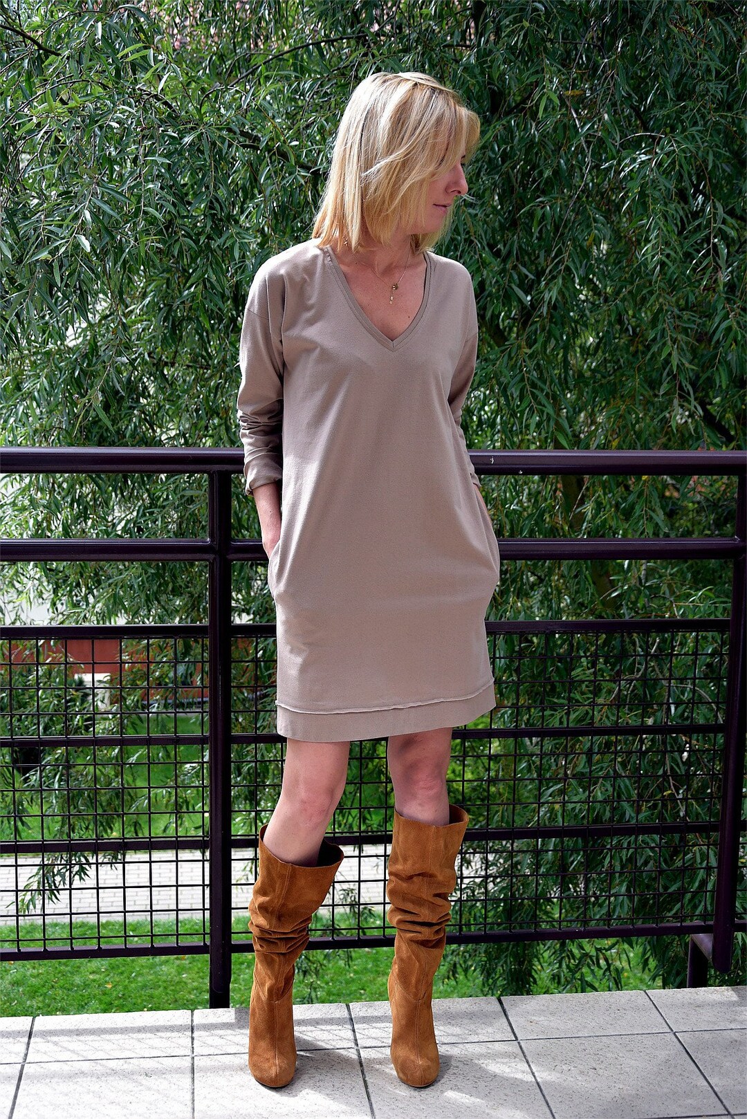 Cotton Tunic or Dress KARO Mocha - Light Brown / Long Sleeves and V ...