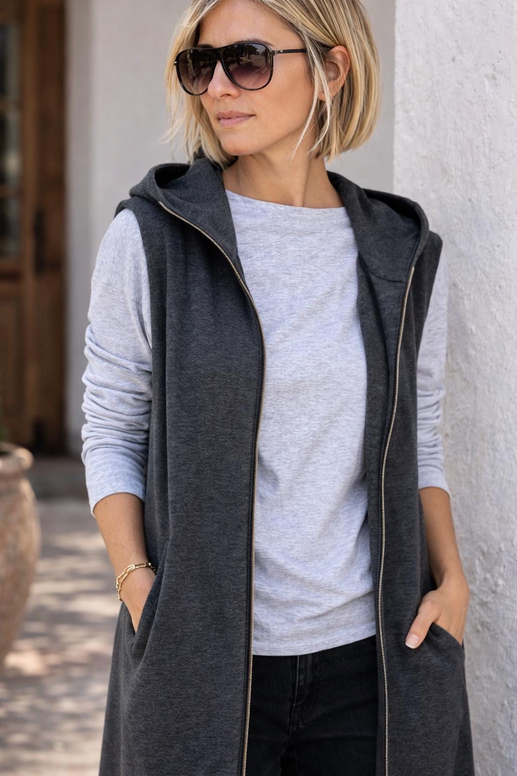Sleeveless Cotton Midi Coat Hooded Coat With Patch Pockets Double ...