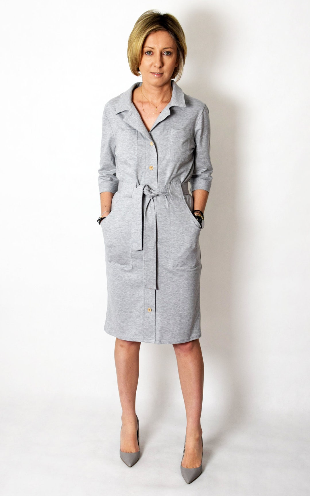 100% Cotton Dress With Belt, Fastened With Buttons, Knee Length Dress ...