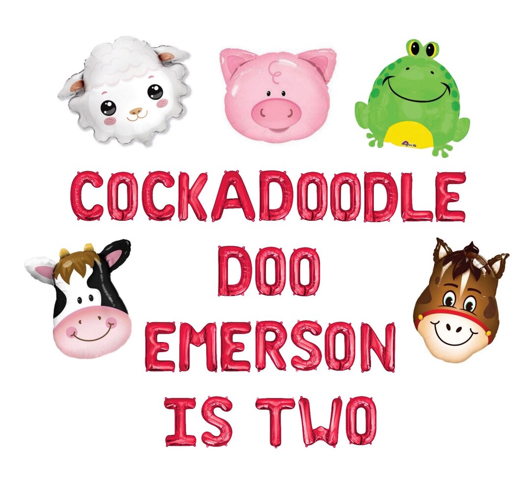 Cockadoodle Doo Custom Name is Two Balloon Banner Birthday Sheep Pig ...