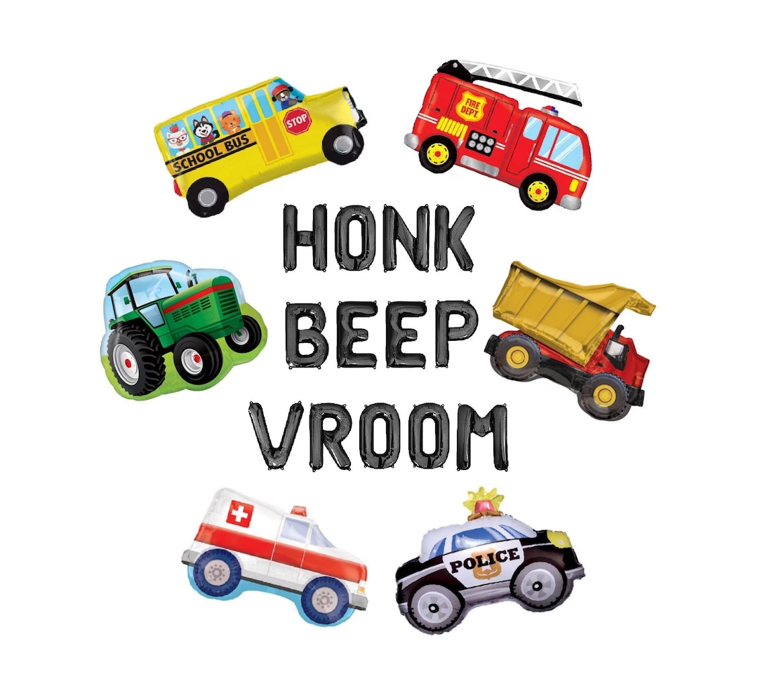Honk Beep Vroom Car Birthday Balloon Banner Bus Truck Tractor Firetruck Dump Truck Balloons ...