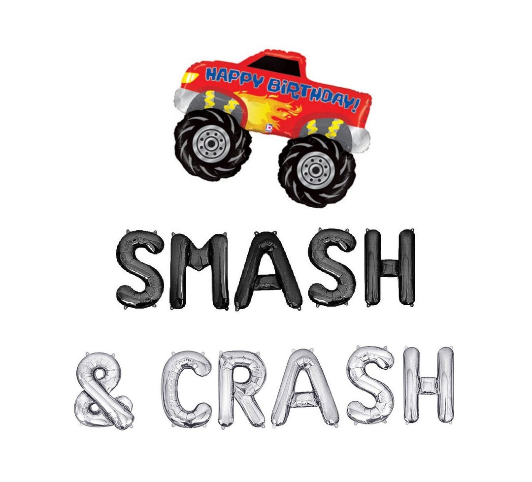 Smash & Crash Monster Truck Birthday Balloon Banner Demolition Derby ...